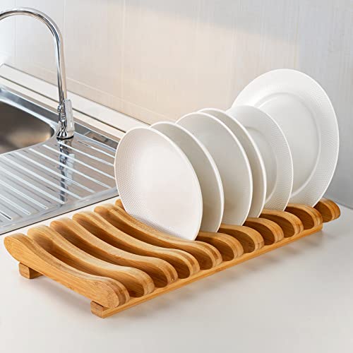 Frcctre Bamboo Dish Drying Rack, 10 Slots Bamboo Cabinet Plate Stand Dish Drainer Wooden Plate Rack Pot Lid Holder Kitchen Dish Plate Storage Organizer for Countertop Cabinet