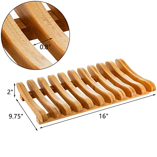 Frcctre Bamboo Dish Drying Rack, 10 Slots Bamboo Cabinet Plate Stand Dish Drainer Wooden Plate Rack Pot Lid Holder Kitchen Dish Plate Storage Organizer for Countertop Cabinet