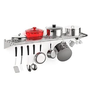 RIEDHOFF Metal Kitchen Rack for Storage and Organization, [NSF Certified] 12" x 48" Stainless Steel Wall Mount Shelf with 10 S Hooks for Hanging Pots, Pans, Cookware in Home and Restaurant