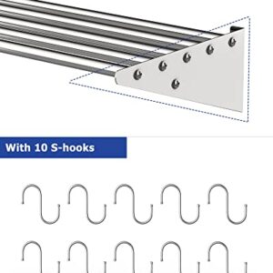 RIEDHOFF Metal Kitchen Rack for Storage and Organization, [NSF Certified] 12" x 48" Stainless Steel Wall Mount Shelf with 10 S Hooks for Hanging Pots, Pans, Cookware in Home and Restaurant