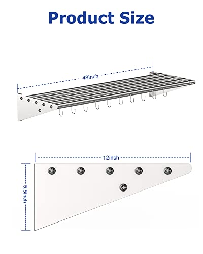 RIEDHOFF Metal Kitchen Rack for Storage and Organization, [NSF Certified] 12" x 48" Stainless Steel Wall Mount Shelf with 10 S Hooks for Hanging Pots, Pans, Cookware in Home and Restaurant