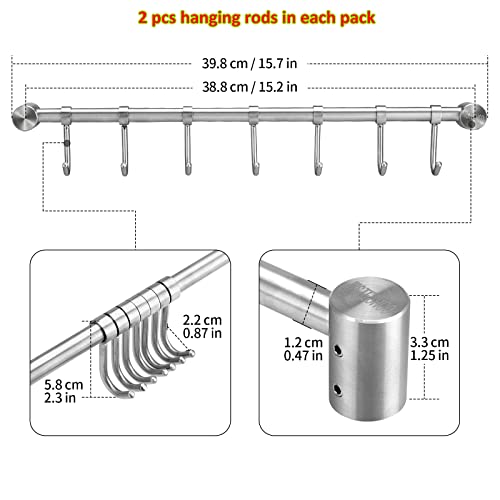 WSTECHCO Pot Pan Hanger Rods 2 PCS, 16 Inch with 7 Sliding Hooks, Kitchen Cookware Utensil Straight Bar, Bathroom Towel Hanging Rails 304 Stainless Steel Rack, for Hanging Coat Bag Umbrella Key Scarf