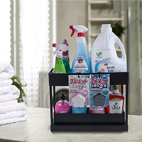 ZOFTBIGK Under Sink Organizer Sliding Cabinet Basket Organizer Under Sink Organizers and Storage,2 Tier Multi-Purpose Under Sink Shelf with Hooks for Kitchen Bathroom (Black 2 Tier Under Sink Rack).