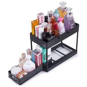 zoftbigk under sink organizer sliding cabinet basket organizer under sink organizers and storage,2 tier multi-purpose under sink shelf with hooks for kitchen bathroom (black 2 tier under sink rack).