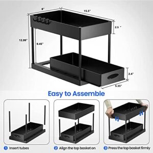 ZOFTBIGK Under Sink Organizer Sliding Cabinet Basket Organizer Under Sink Organizers and Storage,2 Tier Multi-Purpose Under Sink Shelf with Hooks for Kitchen Bathroom (Black 2 Tier Under Sink Rack).