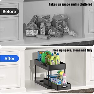 ZOFTBIGK Under Sink Organizer Sliding Cabinet Basket Organizer Under Sink Organizers and Storage,2 Tier Multi-Purpose Under Sink Shelf with Hooks for Kitchen Bathroom (Black 2 Tier Under Sink Rack).