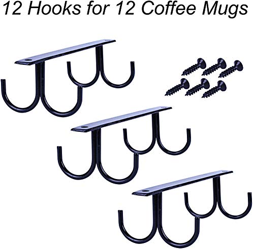 FOLOU Under Cabinet Mug Rack, Rustic Mug Organizer Rack Cup Holder Under Shelf 12 Hanging Hooks Rack for Mugs, Coffee Cups and Kitchen Utensils Display (White 3 Pack 12 Hooks)