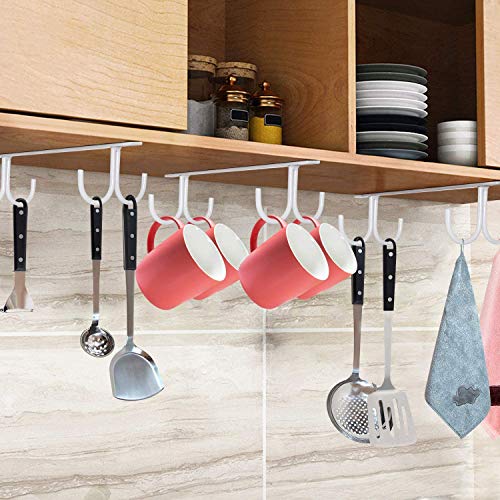 FOLOU Under Cabinet Mug Rack, Rustic Mug Organizer Rack Cup Holder Under Shelf 12 Hanging Hooks Rack for Mugs, Coffee Cups and Kitchen Utensils Display (White 3 Pack 12 Hooks)