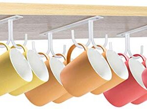 FOLOU Under Cabinet Mug Rack, Rustic Mug Organizer Rack Cup Holder Under Shelf 12 Hanging Hooks Rack for Mugs, Coffee Cups and Kitchen Utensils Display (White 3 Pack 12 Hooks)