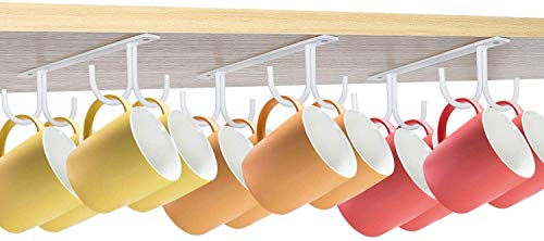 FOLOU Under Cabinet Mug Rack, Rustic Mug Organizer Rack Cup Holder Under Shelf 12 Hanging Hooks Rack for Mugs, Coffee Cups and Kitchen Utensils Display (White 3 Pack 12 Hooks)