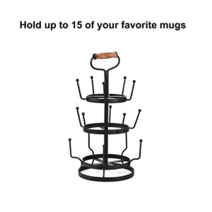 Jemeni Coffee Mug Cup Tree Rack Holder Stand for Counter with Wooden Handle, 15-Hook, Black…