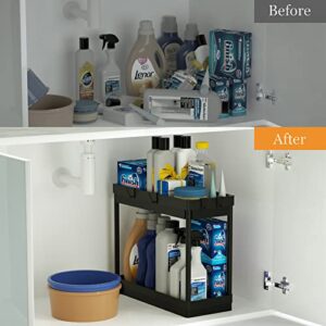 Under Sink Organizer, Rolled Multi-Purpose 2-Tier Under Sink Organizers and Storage for Bathroom Kitchen Countertop, Bathroom Cabinet Organizer Under Sink (Support to 80LBS) with Wheels, Hooks 2Pcak