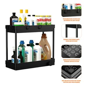 Under Sink Organizer, Rolled Multi-Purpose 2-Tier Under Sink Organizers and Storage for Bathroom Kitchen Countertop, Bathroom Cabinet Organizer Under Sink (Support to 80LBS) with Wheels, Hooks 2Pcak