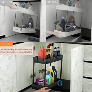 Under Sink Organizer, Rolled Multi-Purpose 2-Tier Under Sink Organizers and Storage for Bathroom Kitchen Countertop, Bathroom Cabinet Organizer Under Sink (Support to 80LBS) with Wheels, Hooks 2Pcak