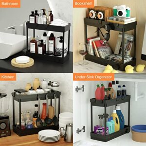 Under Sink Organizer, Rolled Multi-Purpose 2-Tier Under Sink Organizers and Storage for Bathroom Kitchen Countertop, Bathroom Cabinet Organizer Under Sink (Support to 80LBS) with Wheels, Hooks 2Pcak