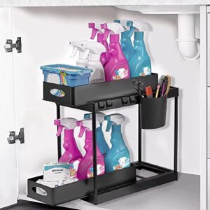 homeello under sink organizers and storage bathroom, 2 tier double sliding under cabinet organizer with 4 hooks, 1 hanging cup, a complete bathroom organizer under sink