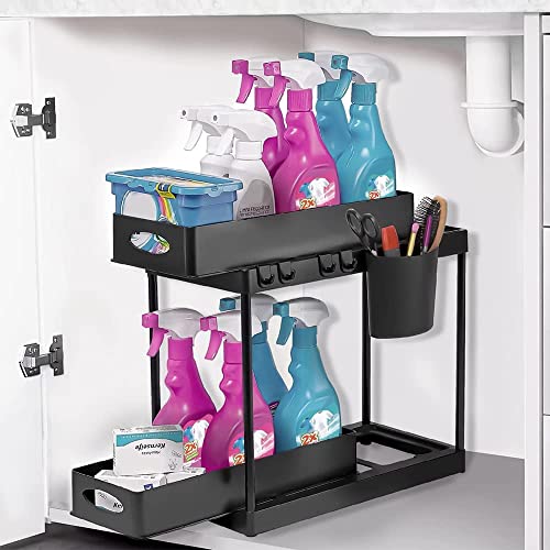 HOMEELLO Under Sink Organizers and Storage Bathroom, 2 Tier Double Sliding Under Cabinet Organizer with 4 Hooks, 1 Hanging Cup, A Complete Bathroom Organizer Under Sink