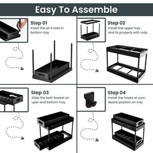 HOMEELLO Under Sink Organizers and Storage Bathroom, 2 Tier Double Sliding Under Cabinet Organizer with 4 Hooks, 1 Hanging Cup, A Complete Bathroom Organizer Under Sink