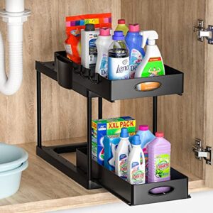 HOMEELLO Under Sink Organizers and Storage Bathroom, 2 Tier Double Sliding Under Cabinet Organizer with 4 Hooks, 1 Hanging Cup, A Complete Bathroom Organizer Under Sink