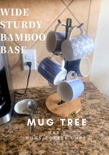 Countertop Mug Tree, 6 Mug Holder, Coffee & Tea Cup Storage Rack, Coffee Counter Bar Accessory & Kitchen Organizer- ShinYik Japanese Zakka Style with Bamboo Wood and Black Iron