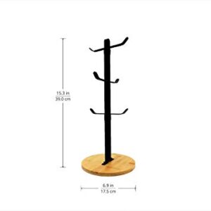 Countertop Mug Tree, 6 Mug Holder, Coffee & Tea Cup Storage Rack, Coffee Counter Bar Accessory & Kitchen Organizer- ShinYik Japanese Zakka Style with Bamboo Wood and Black Iron