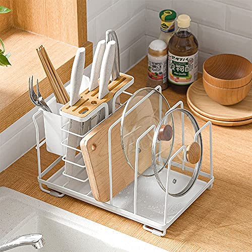 SUNFICON Pot Pan Lid Organizer Cutting Board Rack 8 Slots Knife Block Holder Cutlery Holder Kitchenware Storage Drying Rack Multifunctional Kitchen Pantry Cabinet Countertop Stand w Drip Tray White