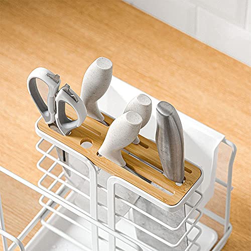 SUNFICON Pot Pan Lid Organizer Cutting Board Rack 8 Slots Knife Block Holder Cutlery Holder Kitchenware Storage Drying Rack Multifunctional Kitchen Pantry Cabinet Countertop Stand w Drip Tray White