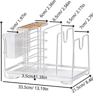 SUNFICON Pot Pan Lid Organizer Cutting Board Rack 8 Slots Knife Block Holder Cutlery Holder Kitchenware Storage Drying Rack Multifunctional Kitchen Pantry Cabinet Countertop Stand w Drip Tray White