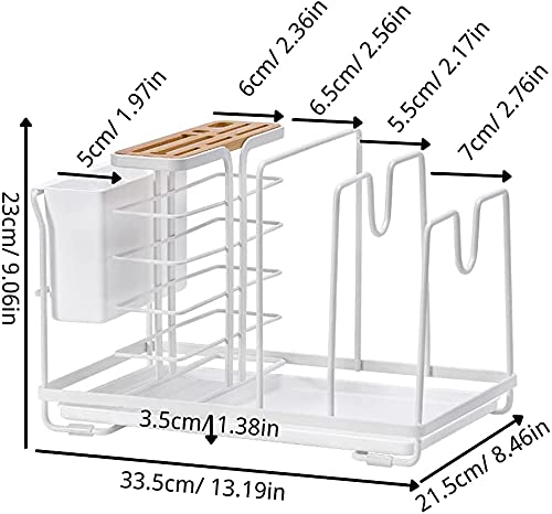 SUNFICON Pot Pan Lid Organizer Cutting Board Rack 8 Slots Knife Block Holder Cutlery Holder Kitchenware Storage Drying Rack Multifunctional Kitchen Pantry Cabinet Countertop Stand w Drip Tray White