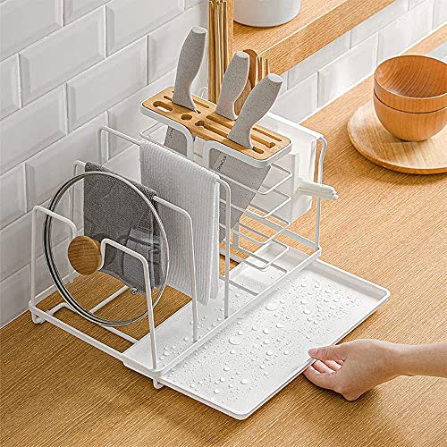 SUNFICON Pot Pan Lid Organizer Cutting Board Rack 8 Slots Knife Block Holder Cutlery Holder Kitchenware Storage Drying Rack Multifunctional Kitchen Pantry Cabinet Countertop Stand w Drip Tray White