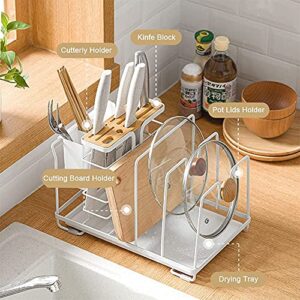 SUNFICON Pot Pan Lid Organizer Cutting Board Rack 8 Slots Knife Block Holder Cutlery Holder Kitchenware Storage Drying Rack Multifunctional Kitchen Pantry Cabinet Countertop Stand w Drip Tray White