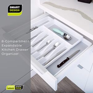 Smart Design Expandable Plastic Drawer Organizer - 8 Compartment - Non-Slip Lining and Feet - BPA Free - Utensils, Flatware, Office, Personal Care, or Makeup Storage - Kitchen - White with Gray