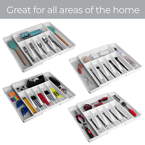 Smart Design Expandable Plastic Drawer Organizer - 8 Compartment - Non-Slip Lining and Feet - BPA Free - Utensils, Flatware, Office, Personal Care, or Makeup Storage - Kitchen - White with Gray