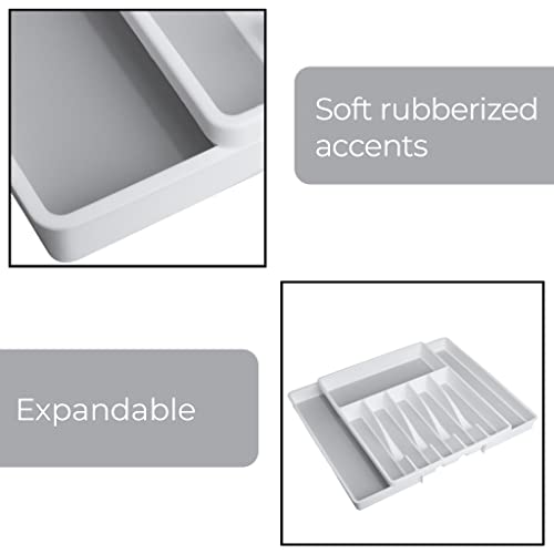 Smart Design Expandable Plastic Drawer Organizer - 8 Compartment - Non-Slip Lining and Feet - BPA Free - Utensils, Flatware, Office, Personal Care, or Makeup Storage - Kitchen - White with Gray