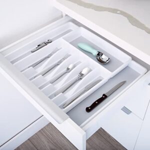 Smart Design Expandable Plastic Drawer Organizer - 8 Compartment - Non-Slip Lining and Feet - BPA Free - Utensils, Flatware, Office, Personal Care, or Makeup Storage - Kitchen - White with Gray