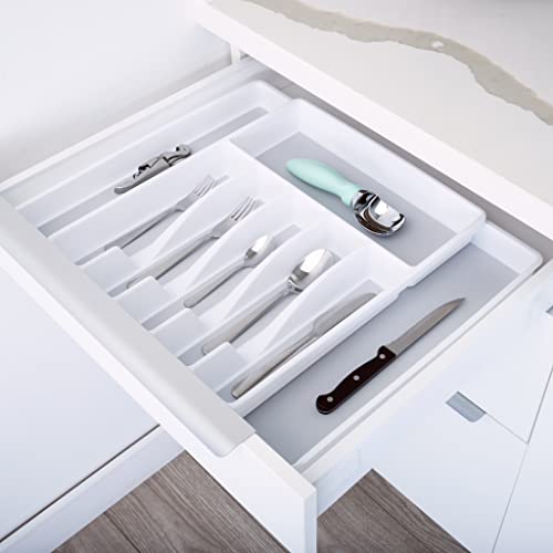 Smart Design Expandable Plastic Drawer Organizer - 8 Compartment - Non-Slip Lining and Feet - BPA Free - Utensils, Flatware, Office, Personal Care, or Makeup Storage - Kitchen - White with Gray