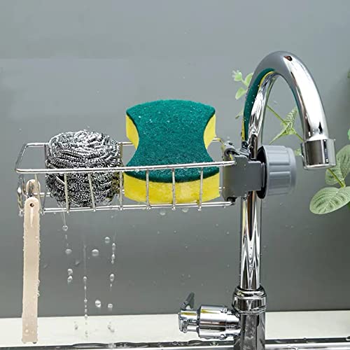 Hangningo Faucet Sponge Holder with Hook,Dish Rack for Kitchen,Sink or Shower Caddy Organizer,Shampoo Shelf and Brush Hanging for Bathroom,Drainer Storage for Dish Washing,Stainless Steel