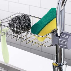 Hangningo Faucet Sponge Holder with Hook,Dish Rack for Kitchen,Sink or Shower Caddy Organizer,Shampoo Shelf and Brush Hanging for Bathroom,Drainer Storage for Dish Washing,Stainless Steel