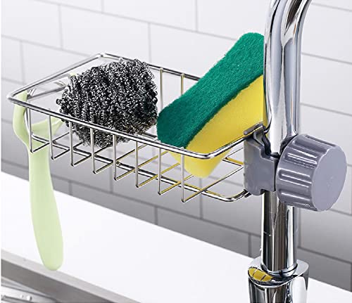 Hangningo Faucet Sponge Holder with Hook,Dish Rack for Kitchen,Sink or Shower Caddy Organizer,Shampoo Shelf and Brush Hanging for Bathroom,Drainer Storage for Dish Washing,Stainless Steel