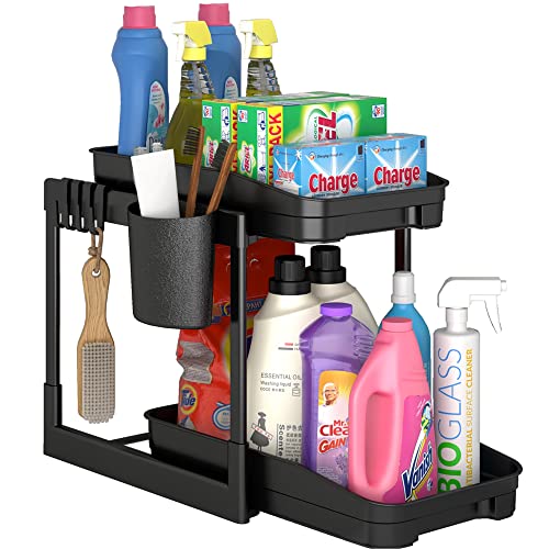 GKTG Under Sink Pull Out Organizer and Storage, 2 Tier Sliding Under Bathroom Cabinet Basket Organizer with Hooks, Hanging Cup, Multi-purpose Undersink Shelf Kitchen Storage Rack, Adjustable Height