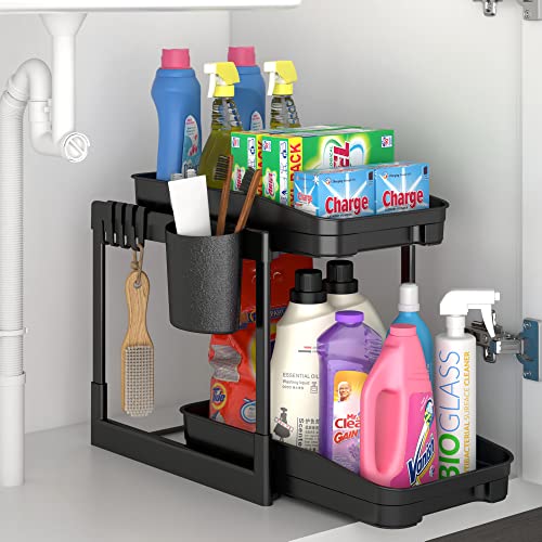 GKTG Under Sink Pull Out Organizer and Storage, 2 Tier Sliding Under Bathroom Cabinet Basket Organizer with Hooks, Hanging Cup, Multi-purpose Undersink Shelf Kitchen Storage Rack, Adjustable Height