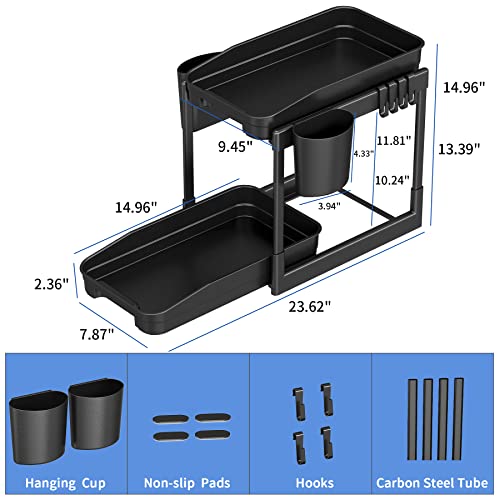 GKTG Under Sink Pull Out Organizer and Storage, 2 Tier Sliding Under Bathroom Cabinet Basket Organizer with Hooks, Hanging Cup, Multi-purpose Undersink Shelf Kitchen Storage Rack, Adjustable Height