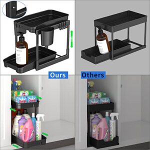 GKTG Under Sink Pull Out Organizer and Storage, 2 Tier Sliding Under Bathroom Cabinet Basket Organizer with Hooks, Hanging Cup, Multi-purpose Undersink Shelf Kitchen Storage Rack, Adjustable Height