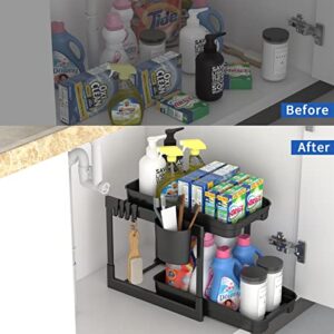 GKTG Under Sink Pull Out Organizer and Storage, 2 Tier Sliding Under Bathroom Cabinet Basket Organizer with Hooks, Hanging Cup, Multi-purpose Undersink Shelf Kitchen Storage Rack, Adjustable Height