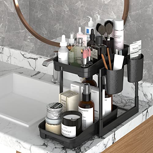 GKTG Under Sink Pull Out Organizer and Storage, 2 Tier Sliding Under Bathroom Cabinet Basket Organizer with Hooks, Hanging Cup, Multi-purpose Undersink Shelf Kitchen Storage Rack, Adjustable Height