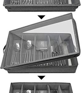 Sorbus Flatware Storage Chest with Clear Lid, Great Fabric Container Box for Organizing Utensils, Silverware, Flatware, Large Capacity, Gray