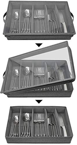 Sorbus Flatware Storage Chest with Clear Lid, Great Fabric Container Box for Organizing Utensils, Silverware, Flatware, Large Capacity, Gray