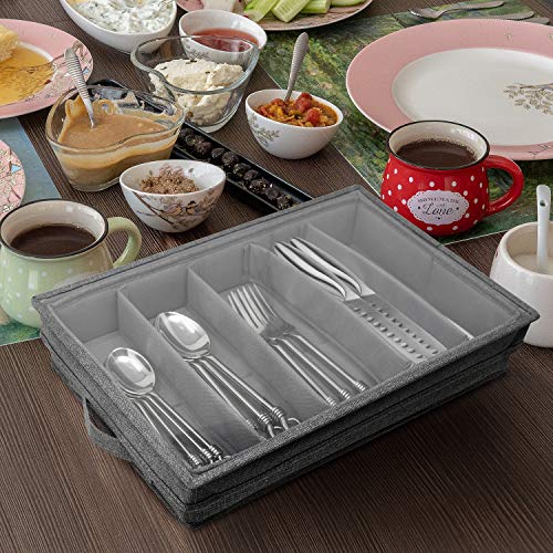 Sorbus Flatware Storage Chest with Clear Lid, Great Fabric Container Box for Organizing Utensils, Silverware, Flatware, Large Capacity, Gray