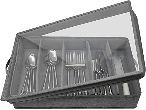 Sorbus Flatware Storage Chest with Clear Lid, Great Fabric Container Box for Organizing Utensils, Silverware, Flatware, Large Capacity, Gray