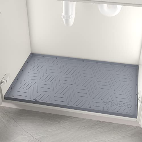 BONSSO Under Sink Mat Kitchen & Bathroom Cabinet Liner, 34" x 22" Silicone Waterproof Under Sink Drip Tray, Hold up to 2.75 Gallons Liquid, Cool Grey